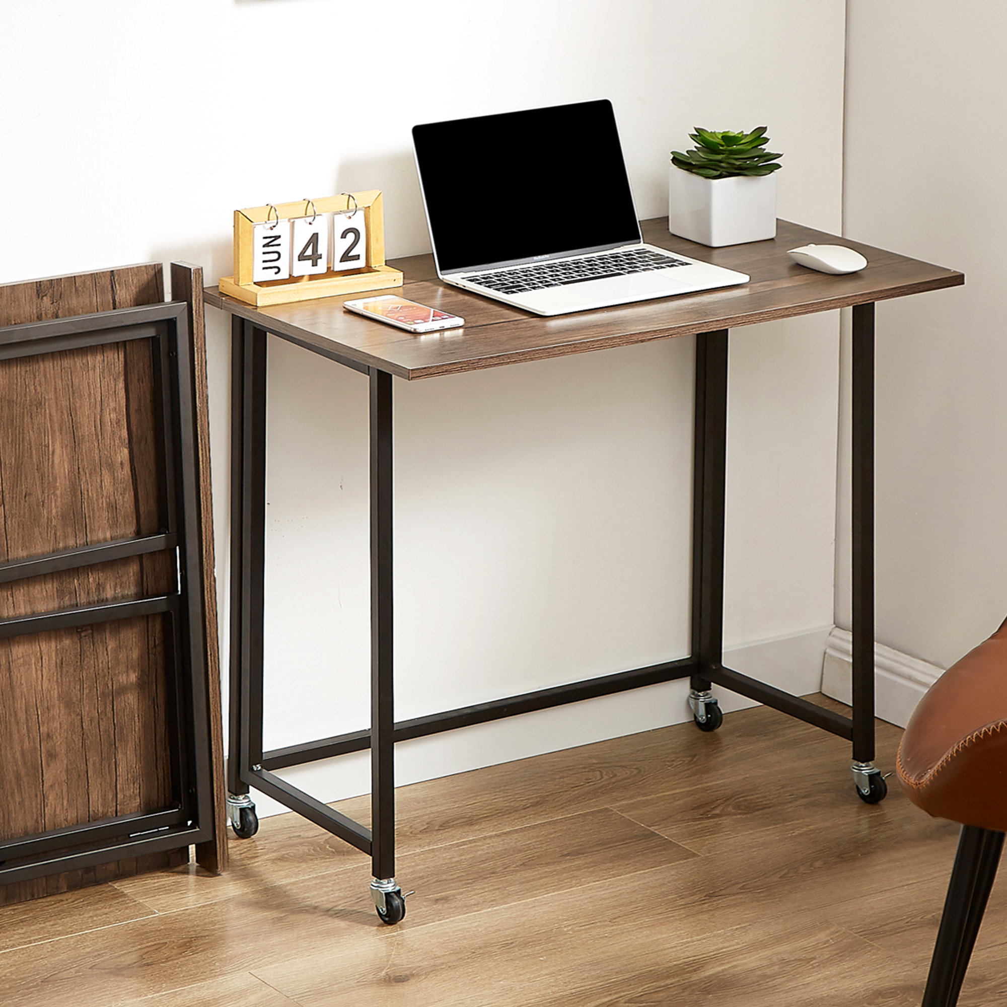 17 Stories Mobile Small Folding Desk With Wheel Rolling Computer Table Sturdy Steel Laptop Table ...